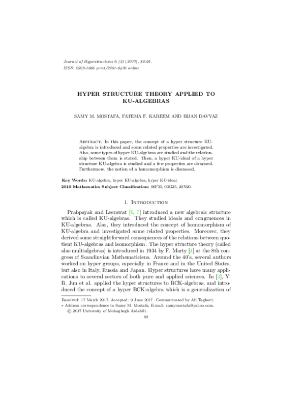 (PDF) Hyper Structure Theory Applied to Ku-Algebras
