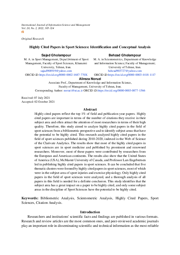 (PDF) Highly Cited Papers in Sport Sciences: Identification and ...