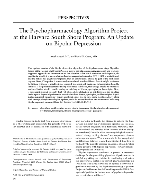 (PDF) The Psychopharmacology Algorithm Project at the Harvard South ...