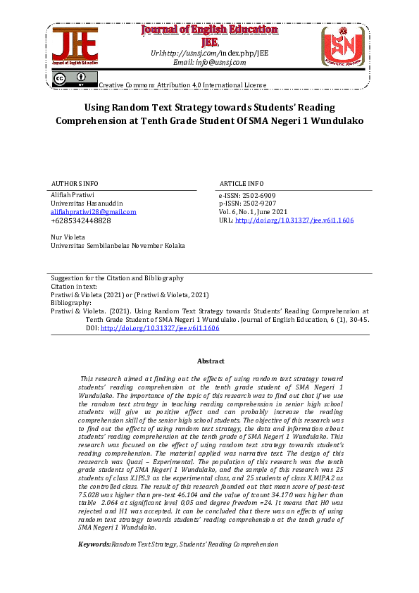 (PDF) Using Random Text Strategytoward Students’ Reading Comprehension ...