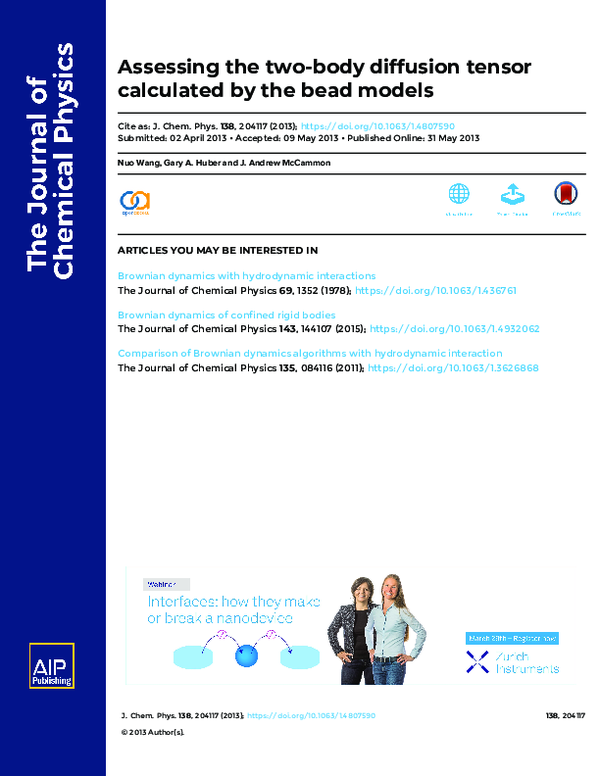 (PDF) Assessing the two-body diffusion tensor calculated by the bead models