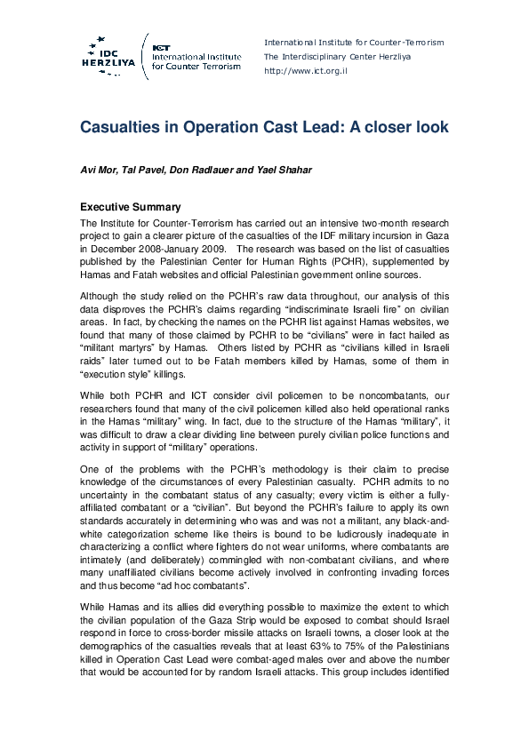 (PDF) Casualties in Operation Cast Lead: A closer look