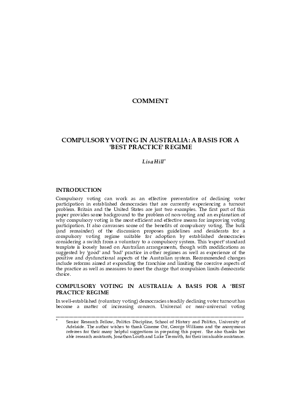 (PDF) Compulsory Voting in Australia: A Basis for a Best Practice Regime