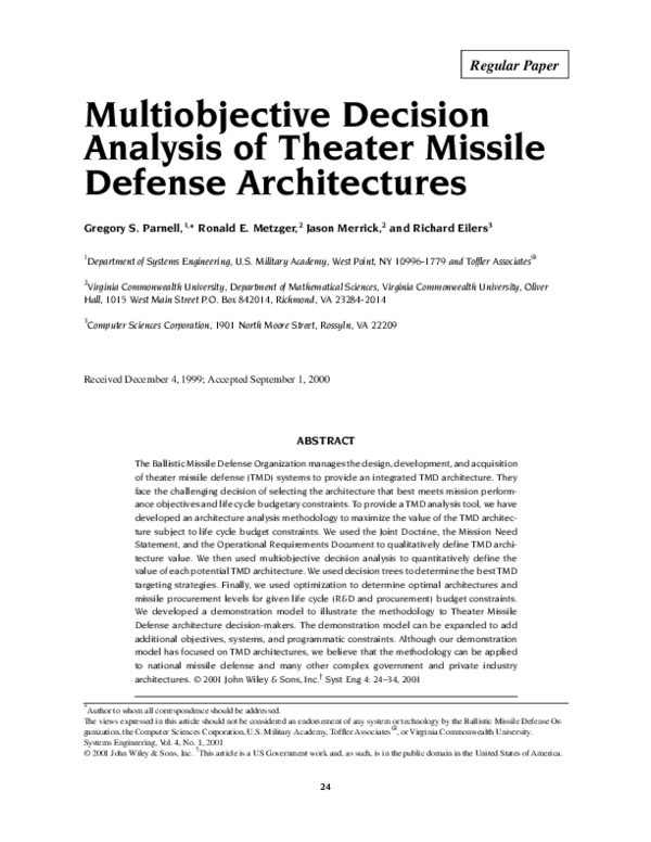 (PDF) Multiobjective decision analysis of theater missile defense architectures