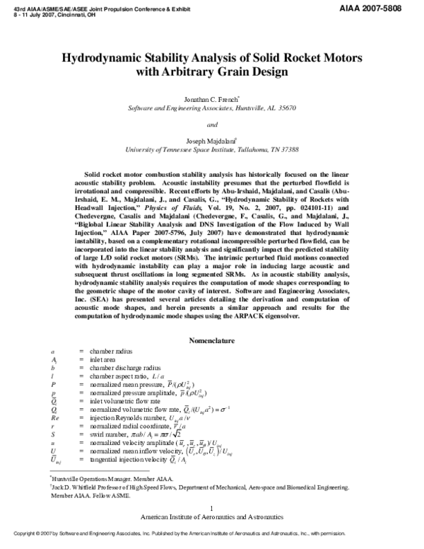 (PDF) Hydrodynamic Stability Analysis of Solid Rocket Motors with ...