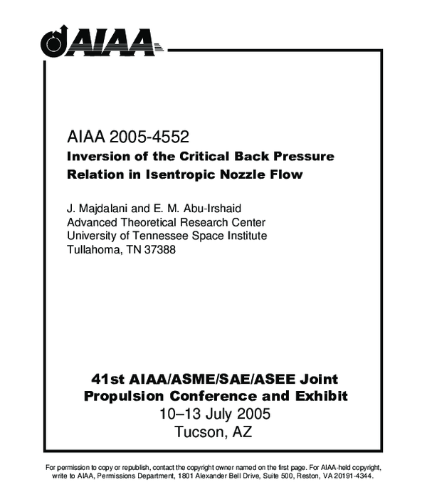 (PDF) Inversion of the Critical Back Pressure Relation in Isentropic ...