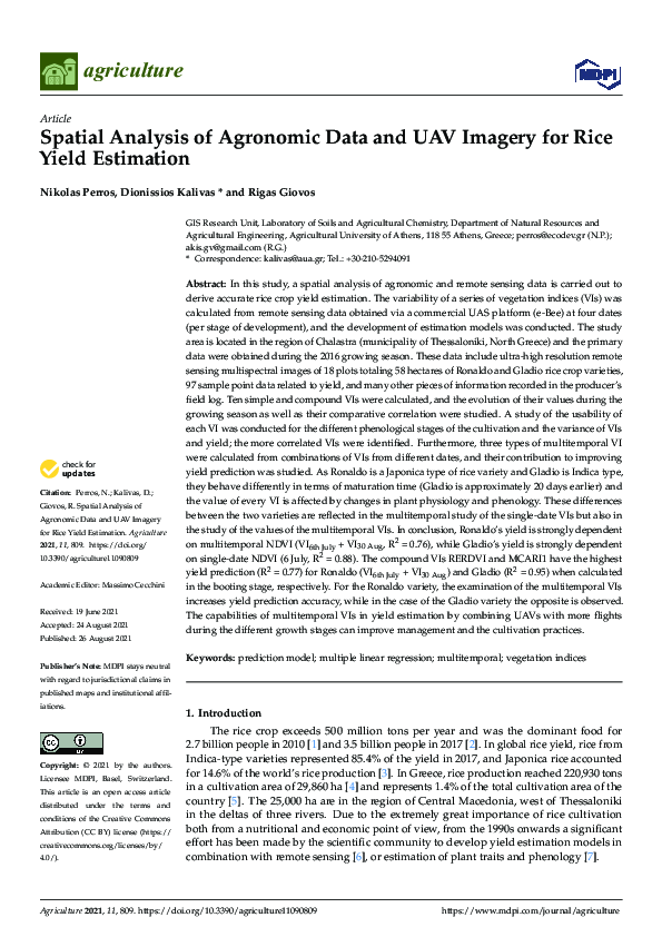 (PDF) Spatial Analysis of Agronomic Data and UAV Imagery for Rice Yield ...
