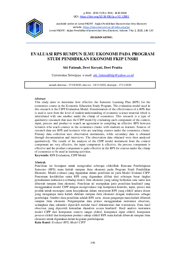 (PDF) Evaluasi RPS Rumpun Ilmu Ekonomi Pada Program Studi Pendidikan Ekonomi FKIP Unsri