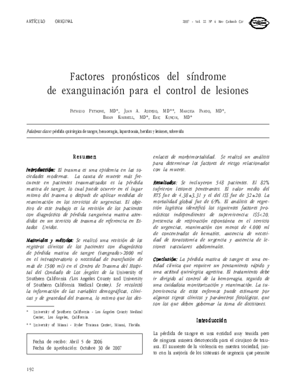 (PDF) Factores pronósticos del síndrome de exanguinación para el ...