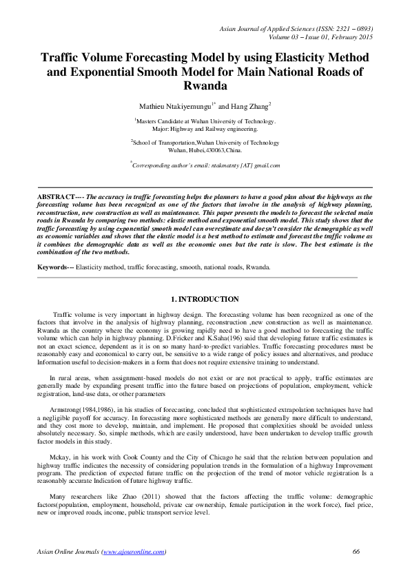 (PDF) Traffic Volume Forecasting Model by using Elasticity Method and Exponential Smooth Model ...