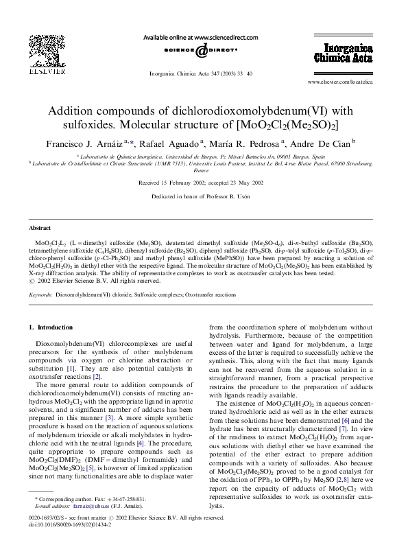 (PDF) Addition compounds of dichlorodioxomolybdenum(VI) with sulfoxides ...