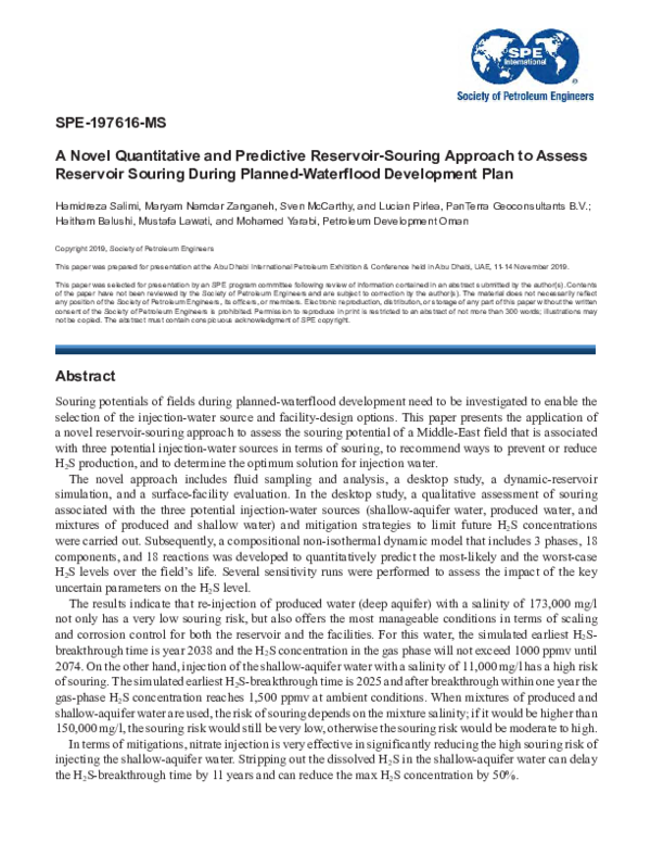 (PDF) A Novel Quantitative and Predictive Reservoir-Souring Approach to ...