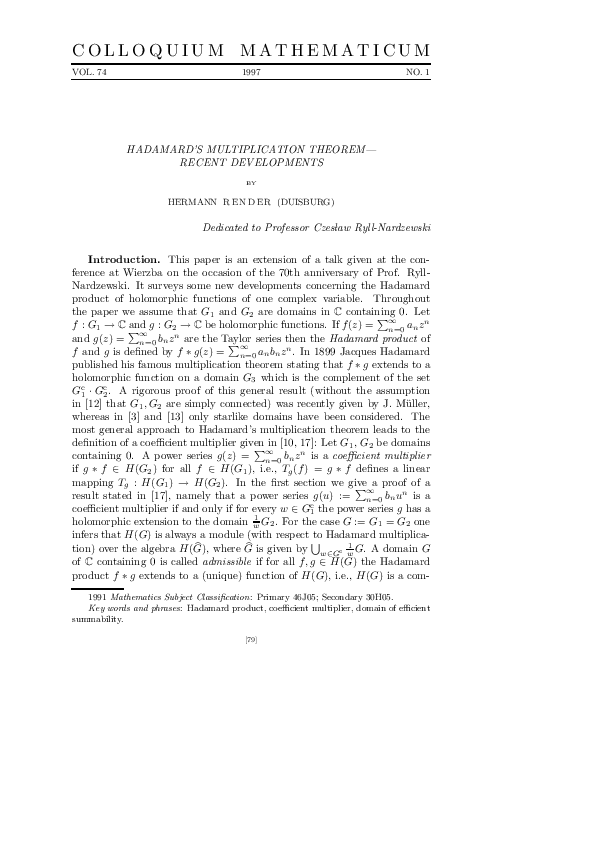 (PDF) Hadamard's multiplication theorem - recent developments