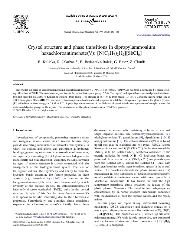 (PDF) Crystal structure and phase transitions in dipropylammonium ...