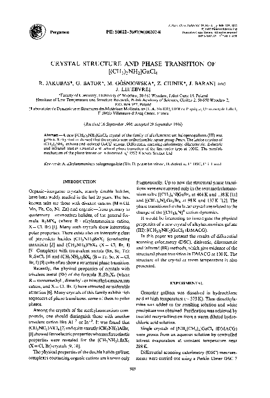 (PDF) CRYSTAL STRUCTURE AND PHASE TRANSITION OF [(CH3)2NH2]GaCl4