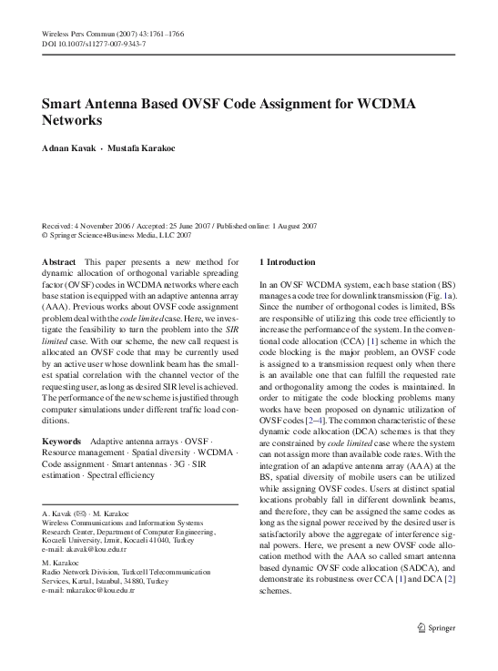 Pdf Smart Antenna Based Ovsf Code Assignment For Wcdma Networks Adnan Kavak