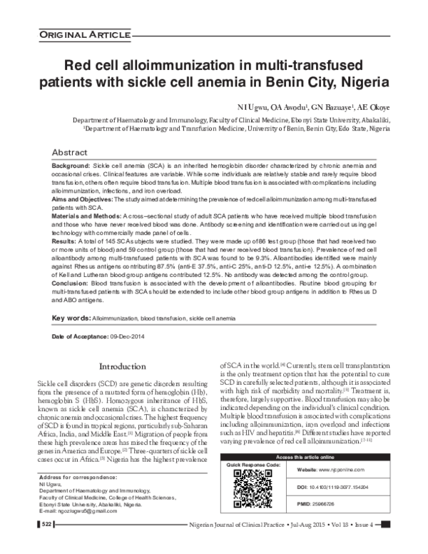 (PDF) Red cell alloimmunization in multitransfused patients and ...