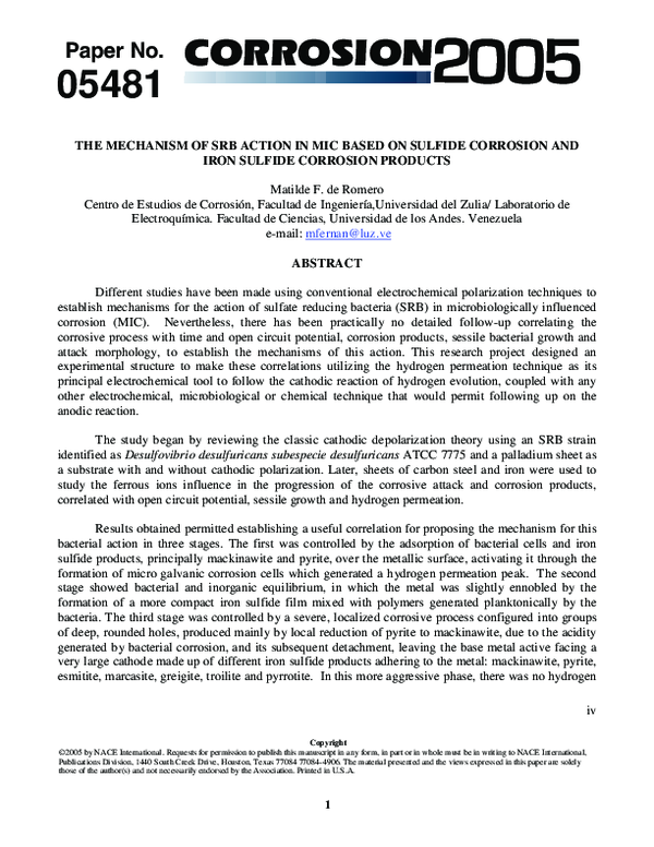(PDF) The Mechanism of SRB Action in MIC, Based on Sulfide Corrosion ...