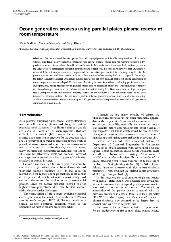 (PDF) Ozone generation process using parallel plates plasma reactor at ...