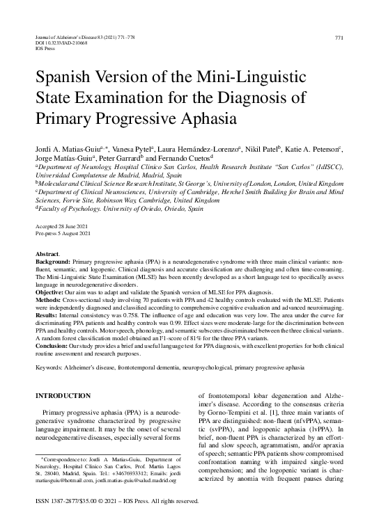(PDF) Spanish Version of the Mini-Linguistic State Examination for the ...