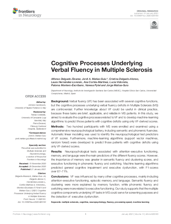 (PDF) Cognitive Processes Underlying Verbal Fluency in Multiple Sclerosis