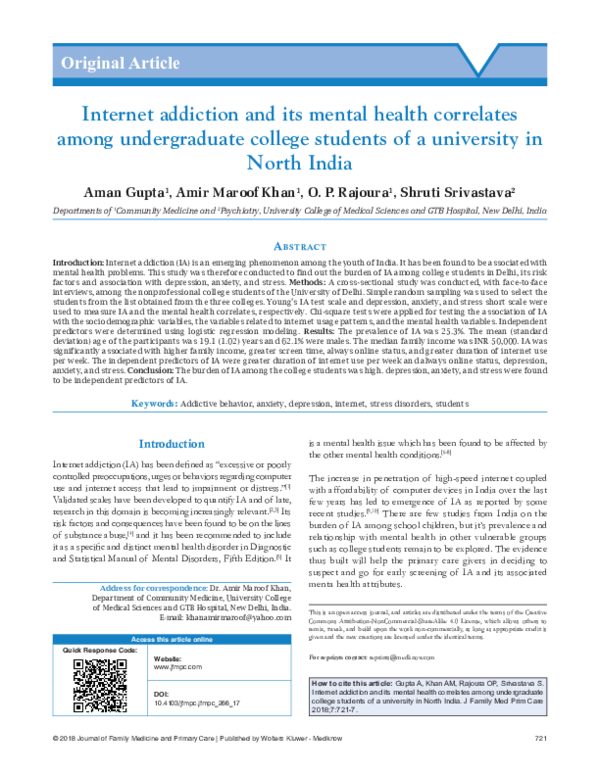 (PDF) Internet addiction and its mental health correlates among ...