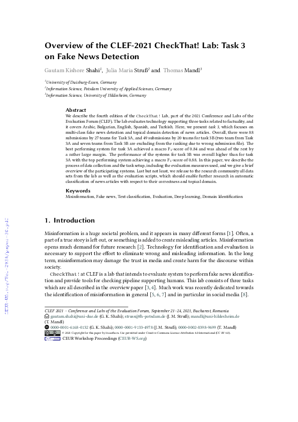 (PDF) Overview of the CLEF-2021 CheckThat! Lab: Task 3 on Fake News ...