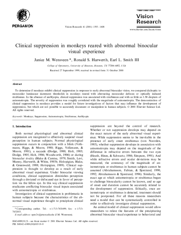 (PDF) Clinical suppression in monkeys reared with abnormal binocular visual experience