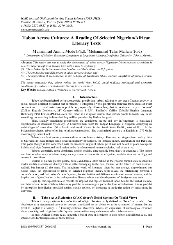 (PDF) Taboo Across Cultures: A Reading Of Selected Nigerian/African ...