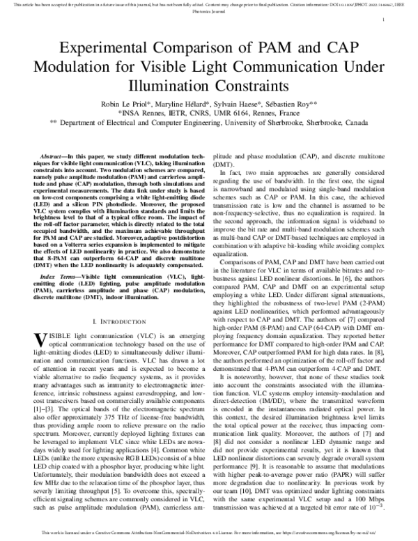(PDF) Experimental Comparison of PAM and CAP Modulation for Visible Light Communication Under ...