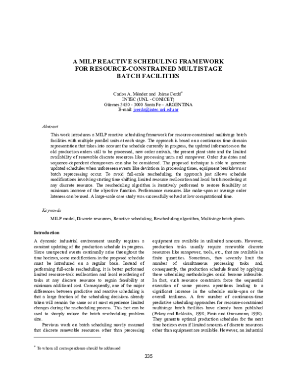 Pdf A Milp Reactive Scheduling Framework For Resource Constrained Multistage Batch Facilities