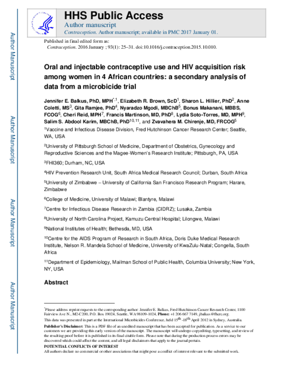 (PDF) Oral and injectable contraceptive use and HIV acquisition risk ...