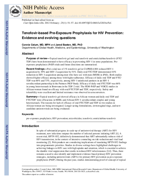 (PDF) Tenofovir-based pre-exposure prophylaxis for HIV prevention ...