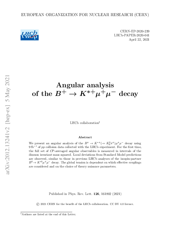 (PDF) Angular Analysis of the $B^{+}\rightarrow K^{\ast+}\mu^{+}\mu^{-}$ Decay