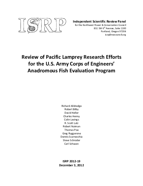 (PDF) Review of Pacific Lamprey Research Efforts for the U.S. Army ...
