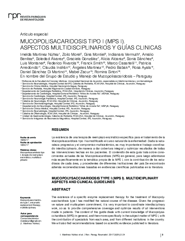(PDF) Mucopolysaccharidosis type I (MPS I). Multidiciplinary aspects ...