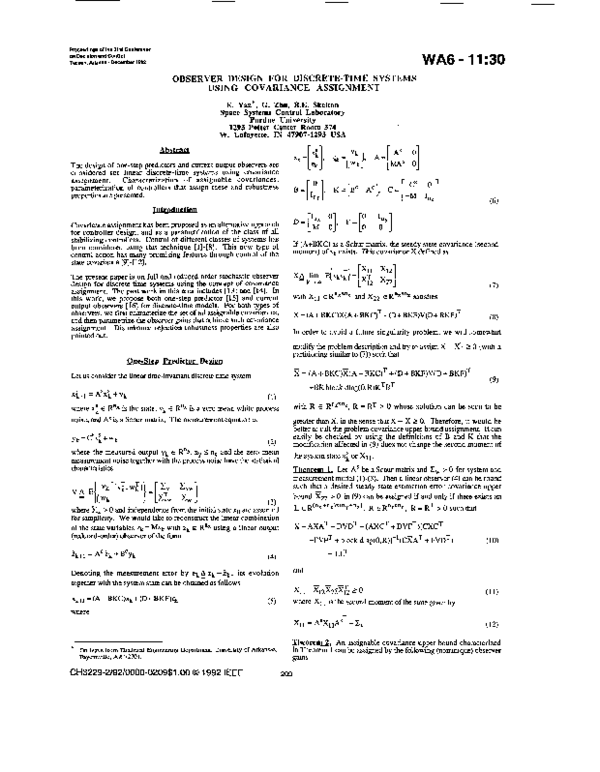 (PDF) Observer design for discrete-time systems using covariance assignment