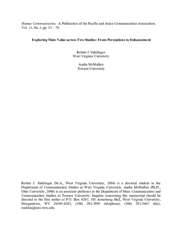 (PDF) Exploring Mate Value across Two Studies: From Perceptions to ...