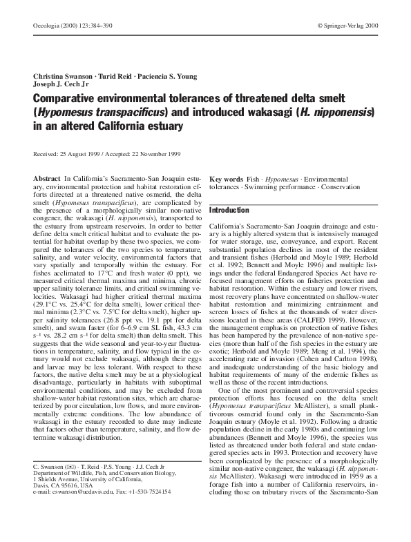 (PDF) Comparative environmental tolerances of threatened delta smelt ...
