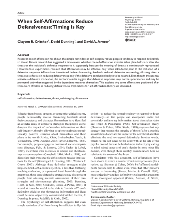(PDF) When Self-Affirmations Reduce Defensiveness: Timing Is Key