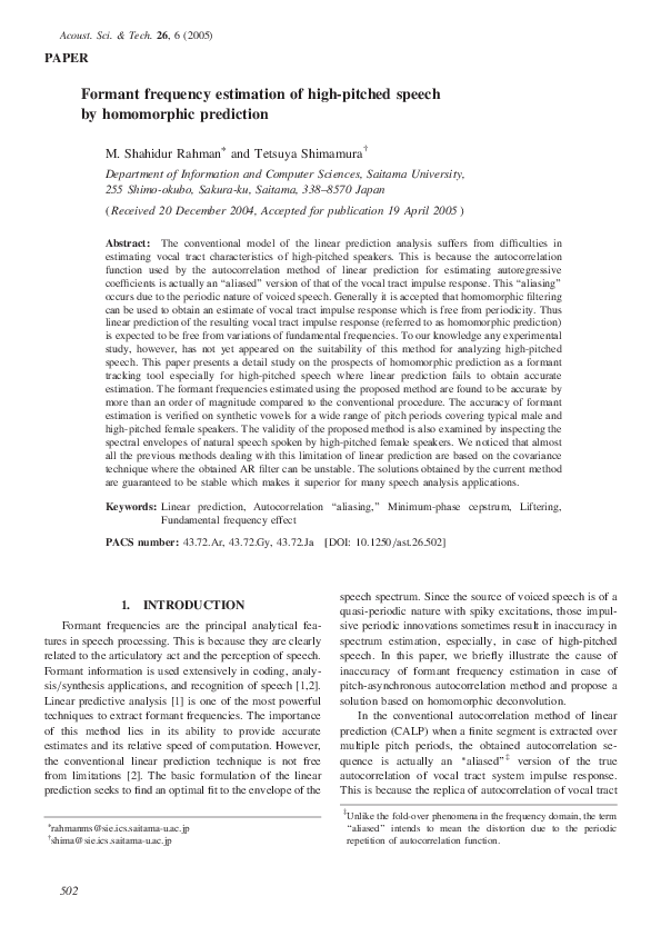 (PDF) Formant frequency estimation of high-pitched speech by homomorphic prediction