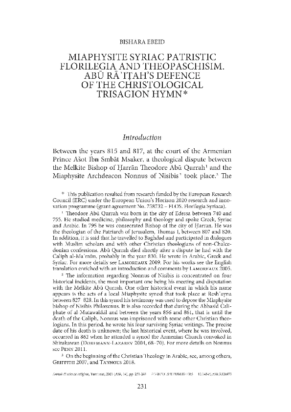 (PDF) Miaphysite Syriac Patristic Florilegia and Theopaschisim: Abū ...