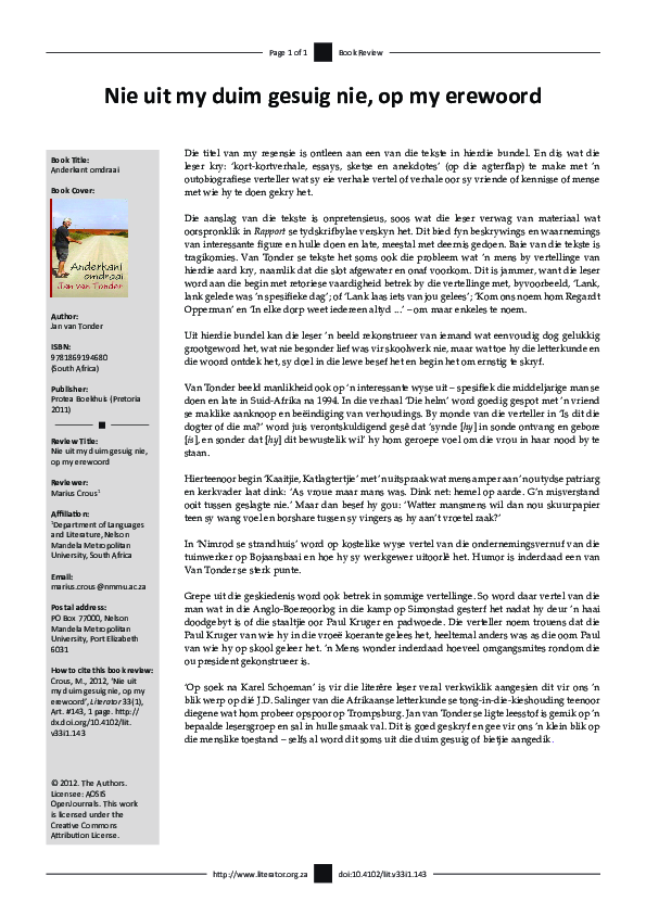 (PDF) Nie uit my duim gesuig nie, op my erewoord | Marius Crous ...
