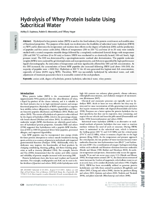 (PDF) Hydrolysis of Whey Protein Isolate Using Subcritical Water