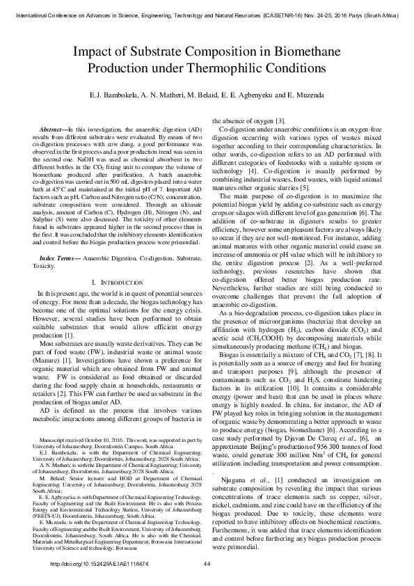 (PDF) Impact of Substrate Composition in Biomethane Production under ...