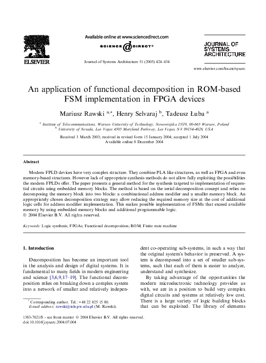 Pdf An Application Of Functional Decomposition In Rom Based Fsm Implementation In Fpga Devices