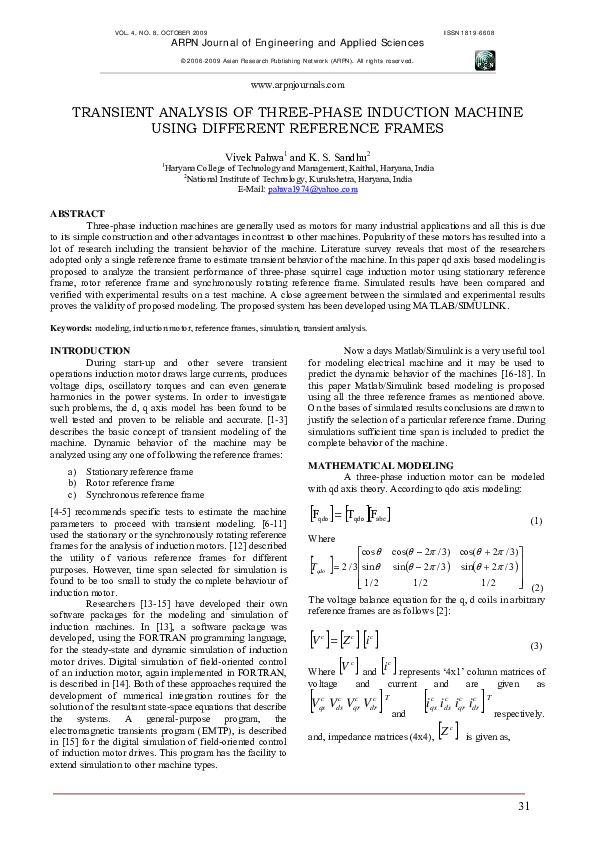 Pdf Transient Analysis Of Three Phase Induction Machine Using Different Reference Frames