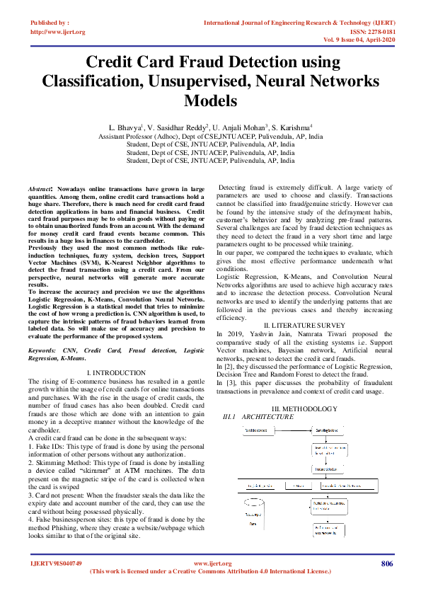 Pdf Credit Card Fraud Detection Using Classification Unsupervised Neural Networks Models