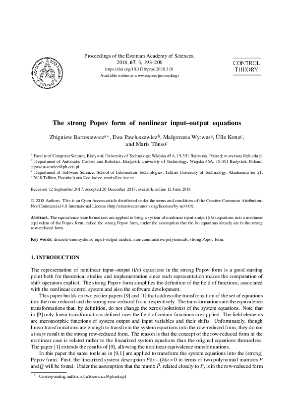 (PDF) The strong Popov form of nonlinear input–output equations