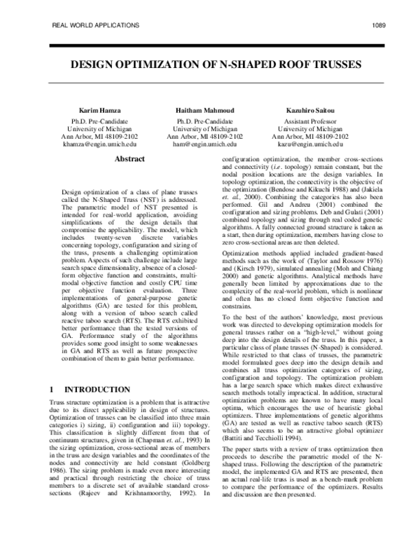 (PDF) Optimizing N-Shaped Trusses with Genetic Algorithms and RTS
